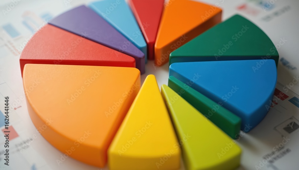 Colored pie chart divided into 8 sectors with distinct shades of orange ...