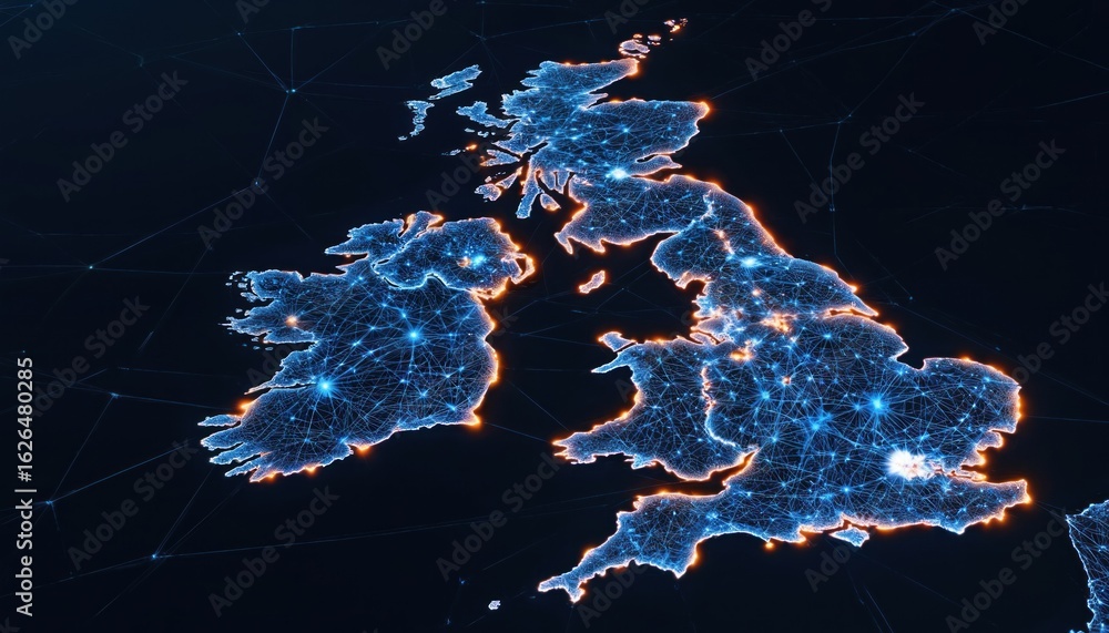 Digital map of United Kingdom in cool blue colors. Black background ...