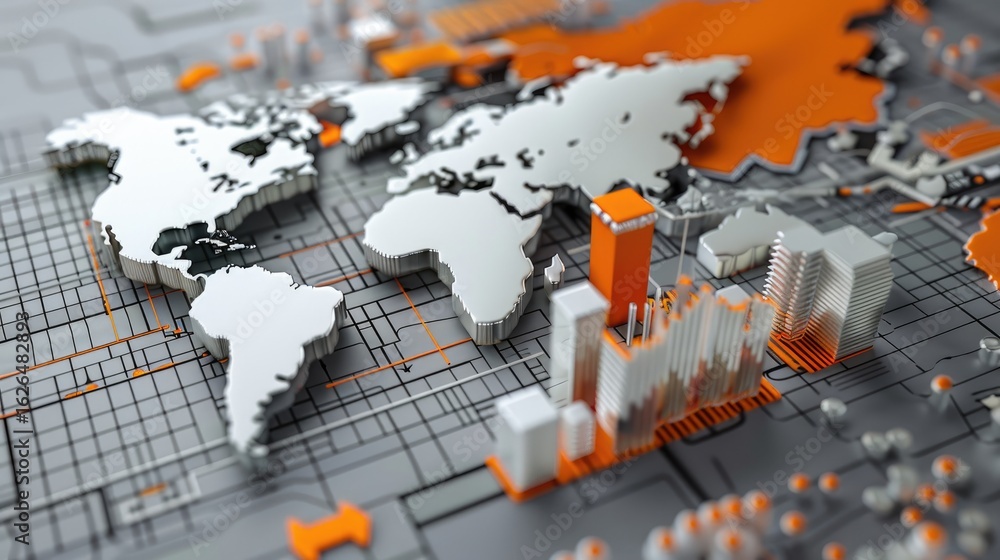 Orange and white 3D bar chart overlaid on transparent world map ...