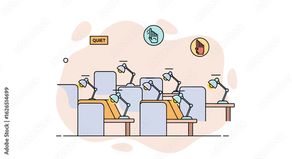 Study area with desks and lamps, quiet sign Stock Vector | Adobe Stock