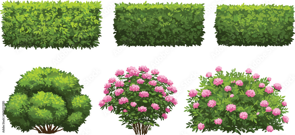 Cartoon green hedges and flowering pink bushes collection, trimmed ...