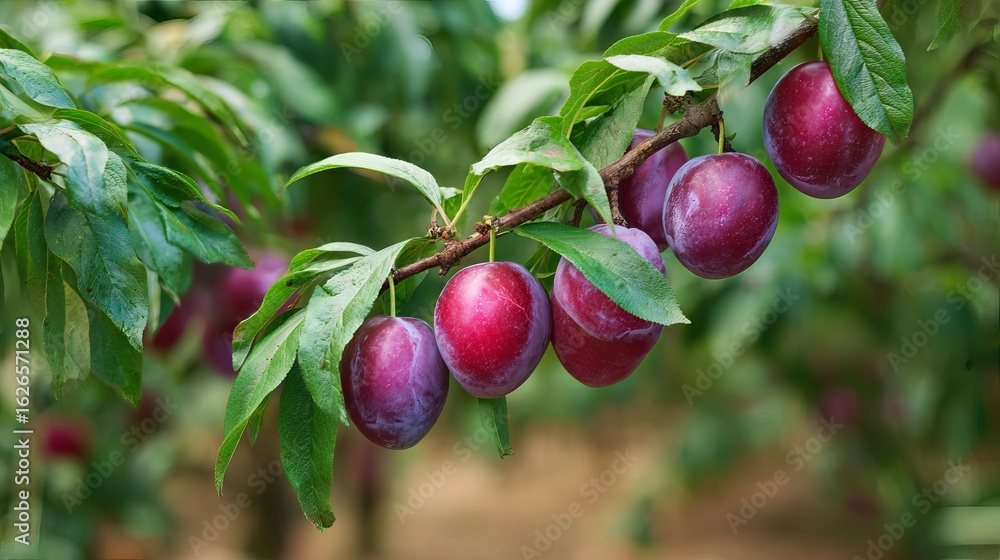 Plums hanging on the branch of an orchard in a frontal view. Close up ...