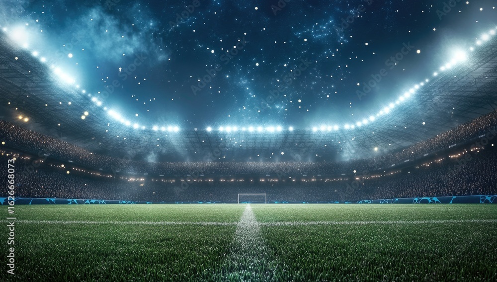 Night soccer stadium filled with spectators. Full view, illuminated by ...
