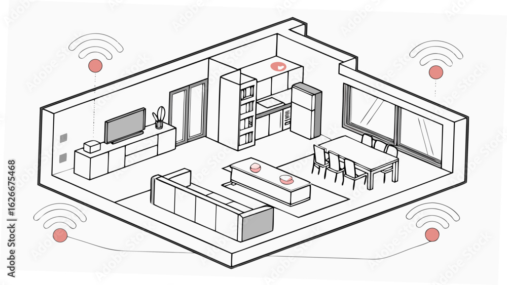 Isometric view of a modern apartment layout with wifi signals in ...