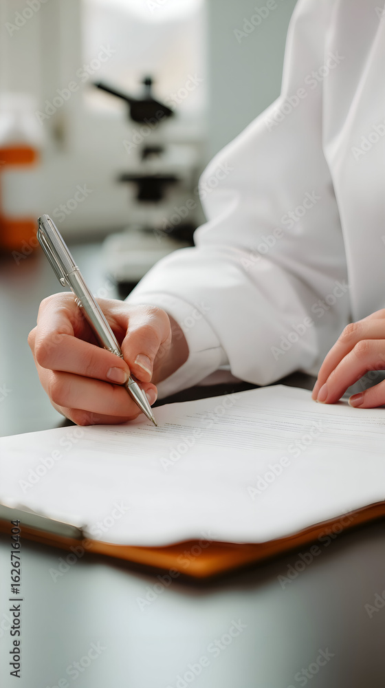 Scientist writing on a clipboard with a pen in a lab with a microscope ...