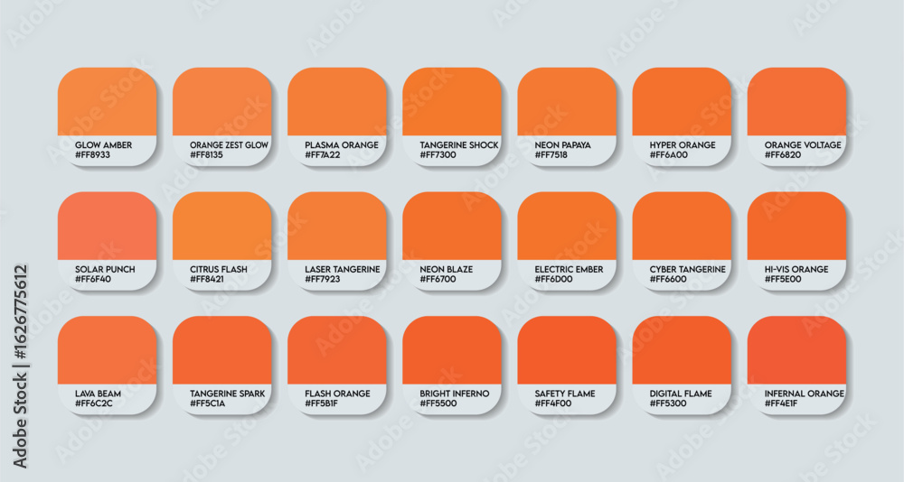 Neon Orange Color Guide Palette with Color Names. Catalog Samples Neon ...
