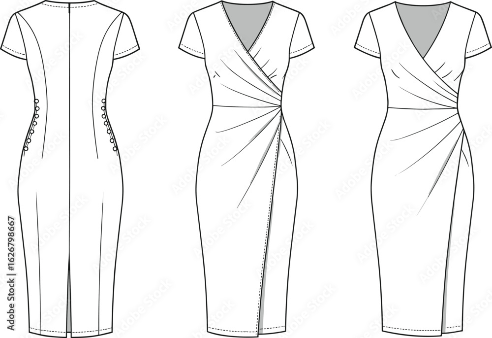 Draped wrap midi dress flat sketch, bodycon fashion CAD, technical ...