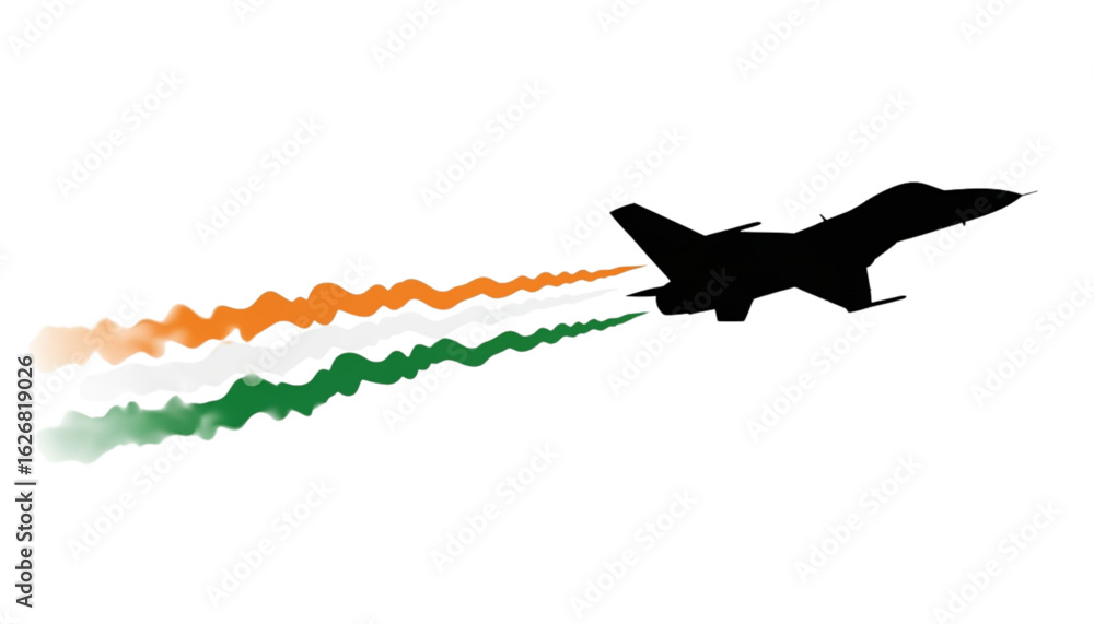 Silhouette of a fighter jet flying with tricolor smoke trails ...