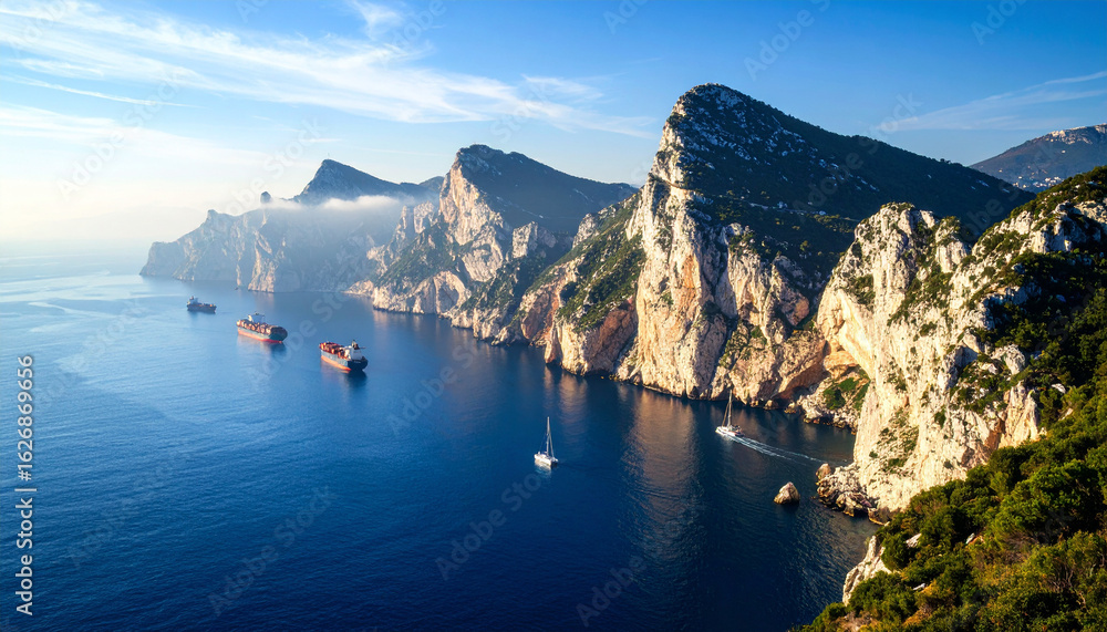 Strait of Gibraltar, narrow rocky cliffs framing a channel with ...
