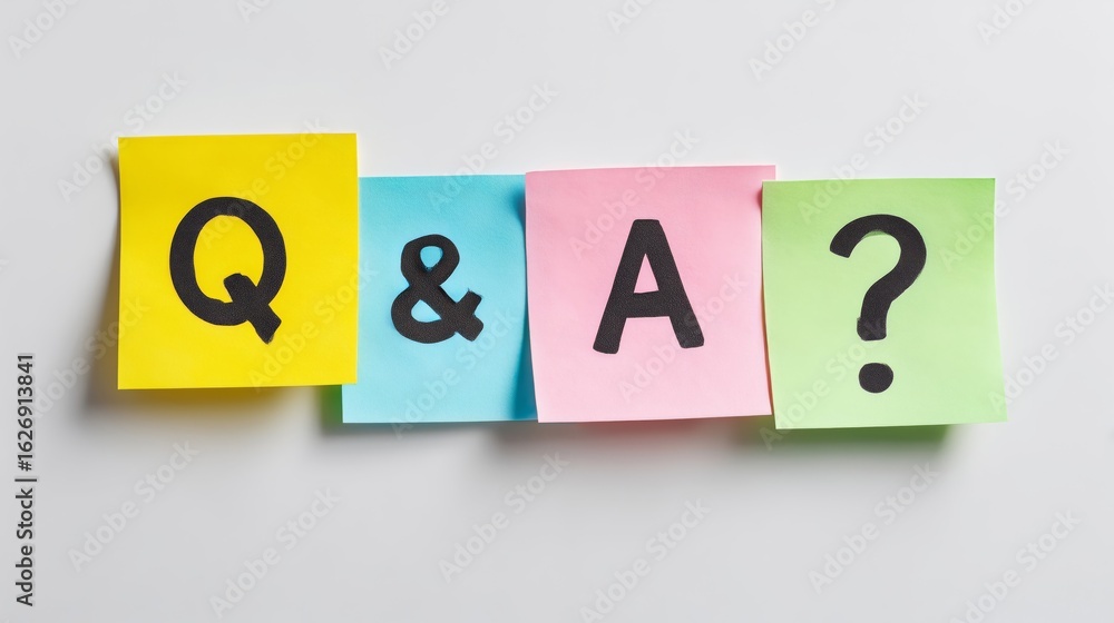 pastel-colored post-it notes with text Q&A and a question mark icon ...