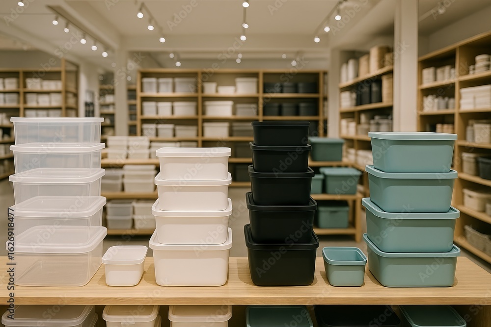 Variety of plastic storage containers on display in modern organized ...
