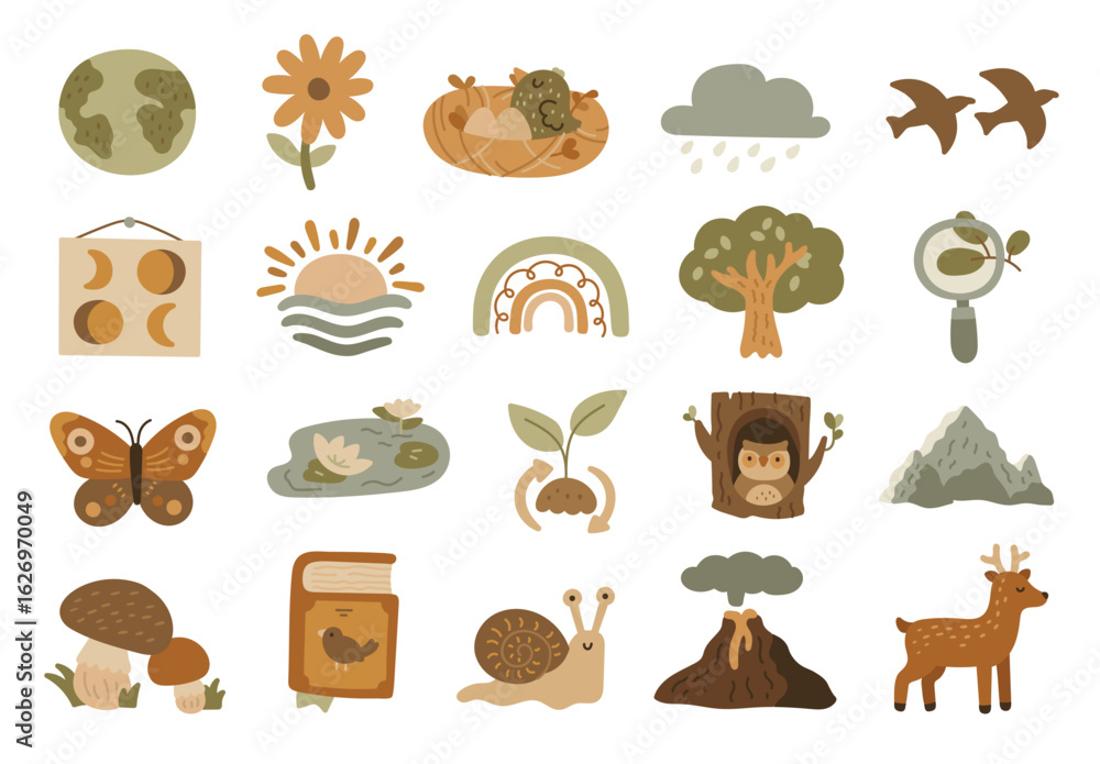 Natural science set in scandinavian style with showing earth, animals ...
