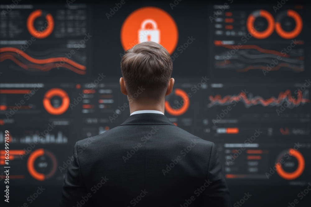 A business person in a min suit intently looking at a complex wall of ...