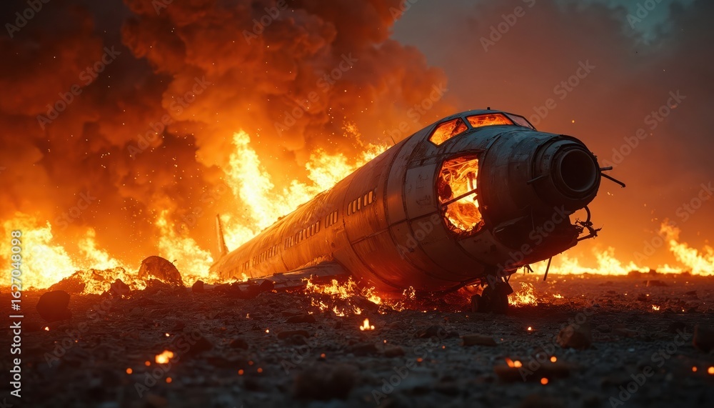 Stock-Foto „Airplane wreckage burns intensely with flames, sparks ...