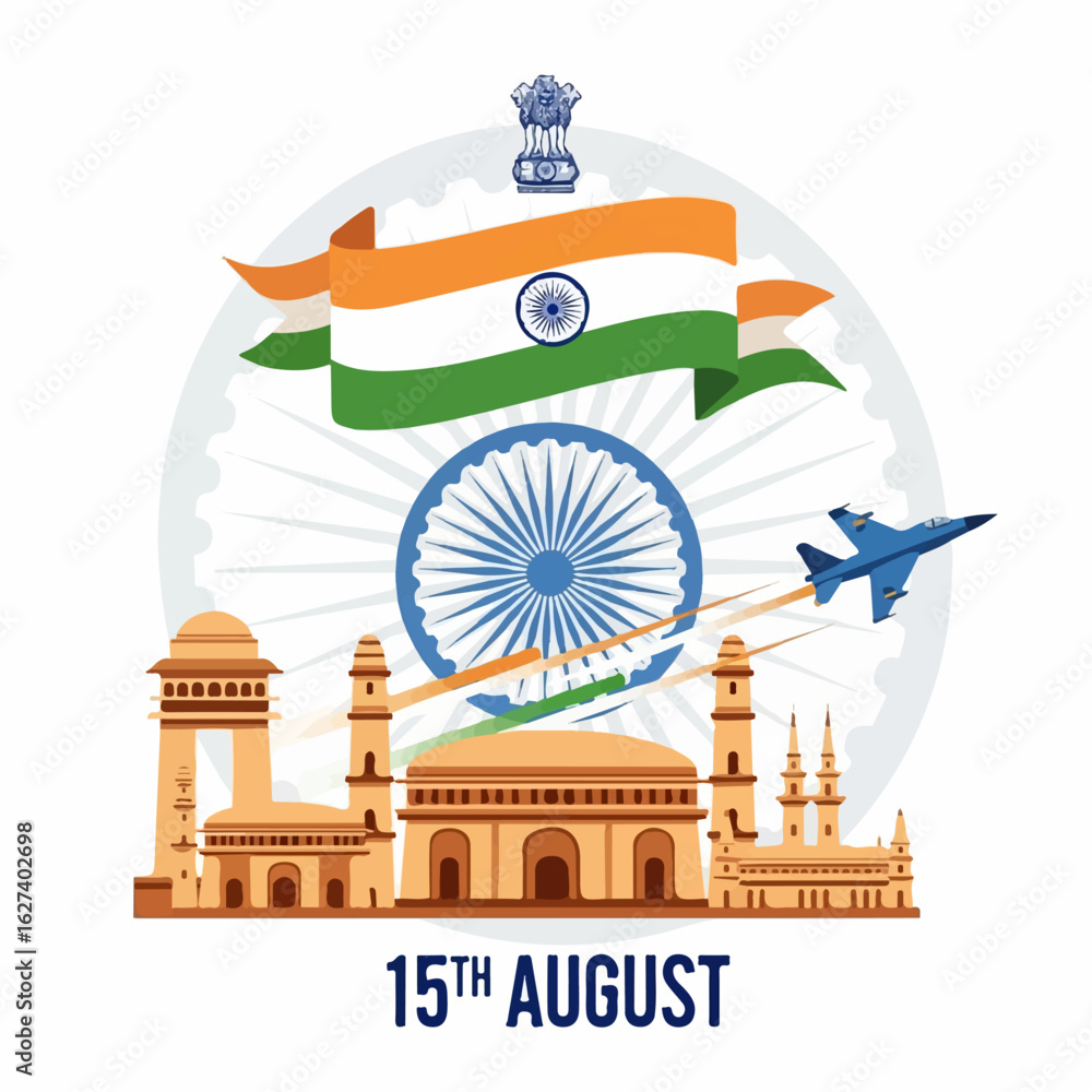 Vector de Stock Indian Independence Day celebration featuring iconic ...