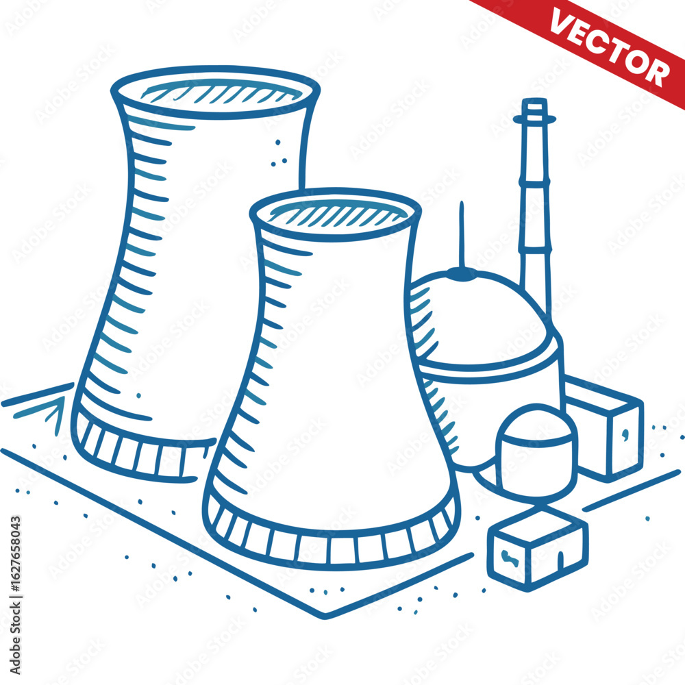 Simple Line Drawing of Nuclear Power Plant with Cooling Towers, Reactor ...