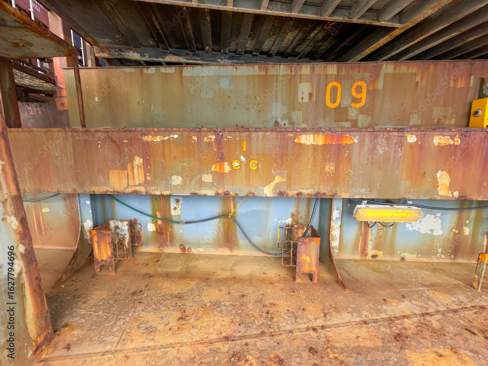 Container vessel cargo space on main deck part in very poor and heavy ...