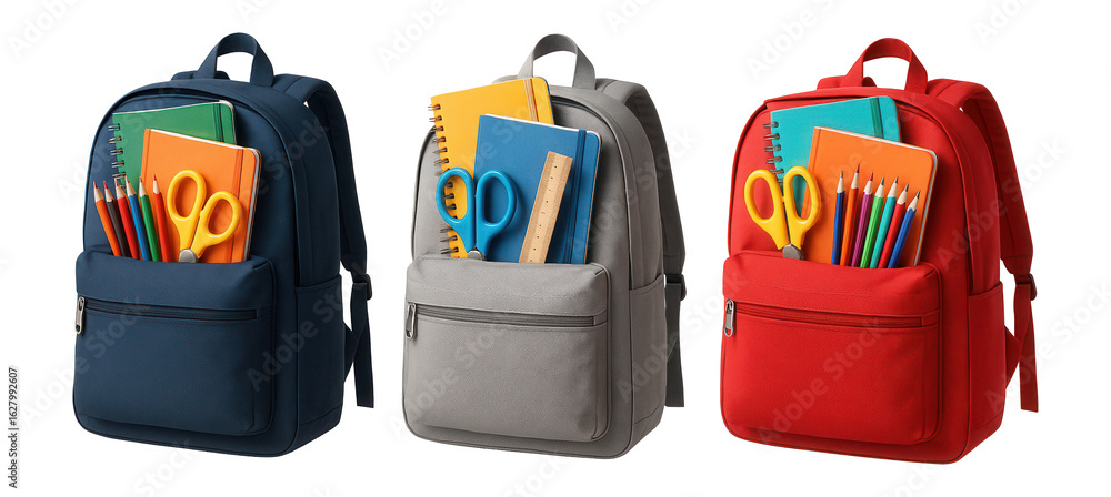 Foto de Stock Three colorful backpacks filled with school supplies ...