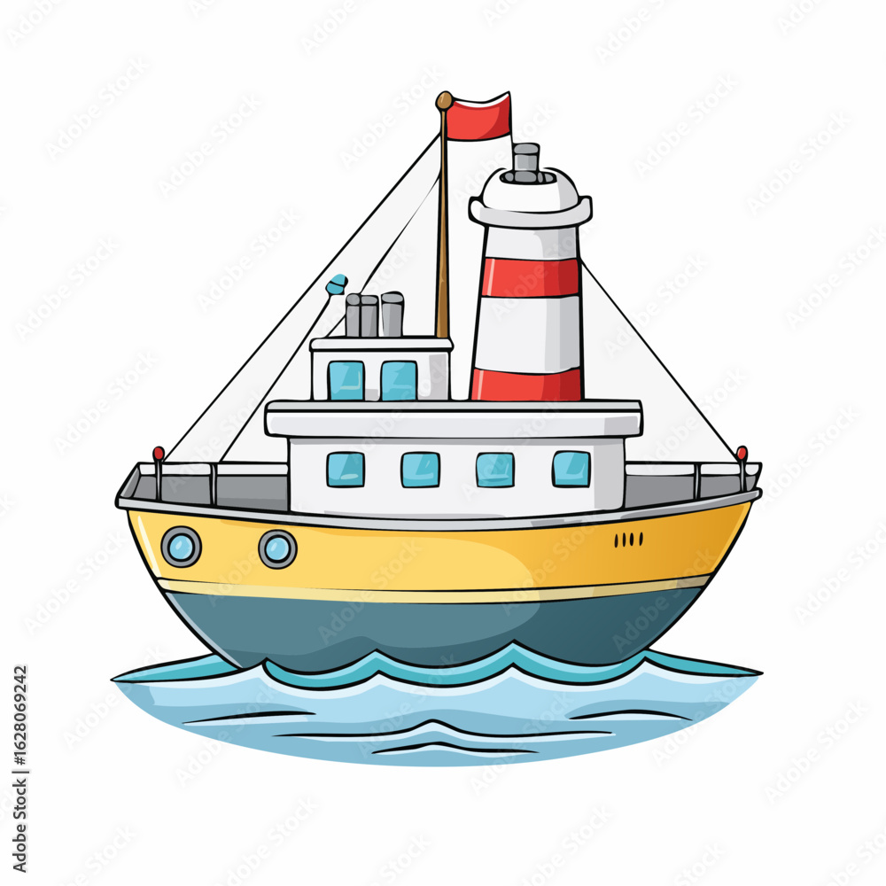 Cartoon illustration of a charming boat featuring a red-striped ...