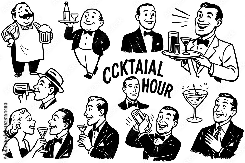 Retro cocktail party scenes with bartenders, drinks, and socializing in ...