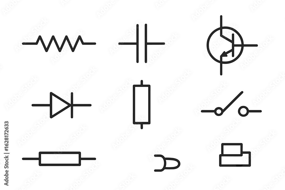 Electrical component symbols set – resistor, capacitor, transistor ...