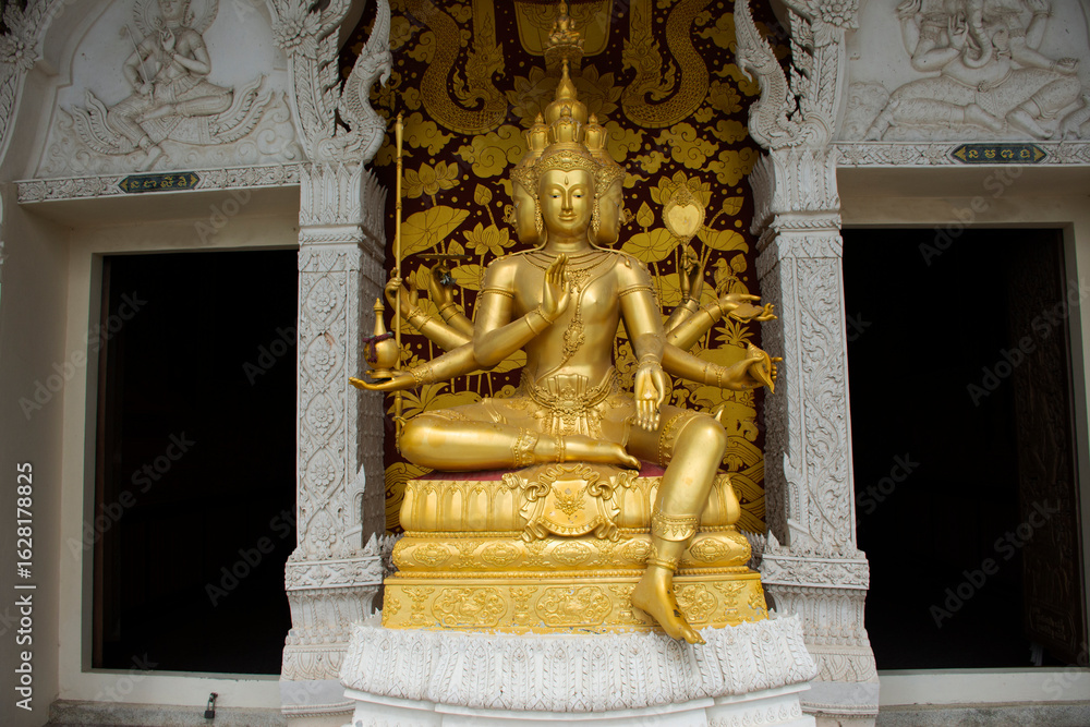 Brahma with 4 Faces and 8 hands at ancient ordination hall or antique ...