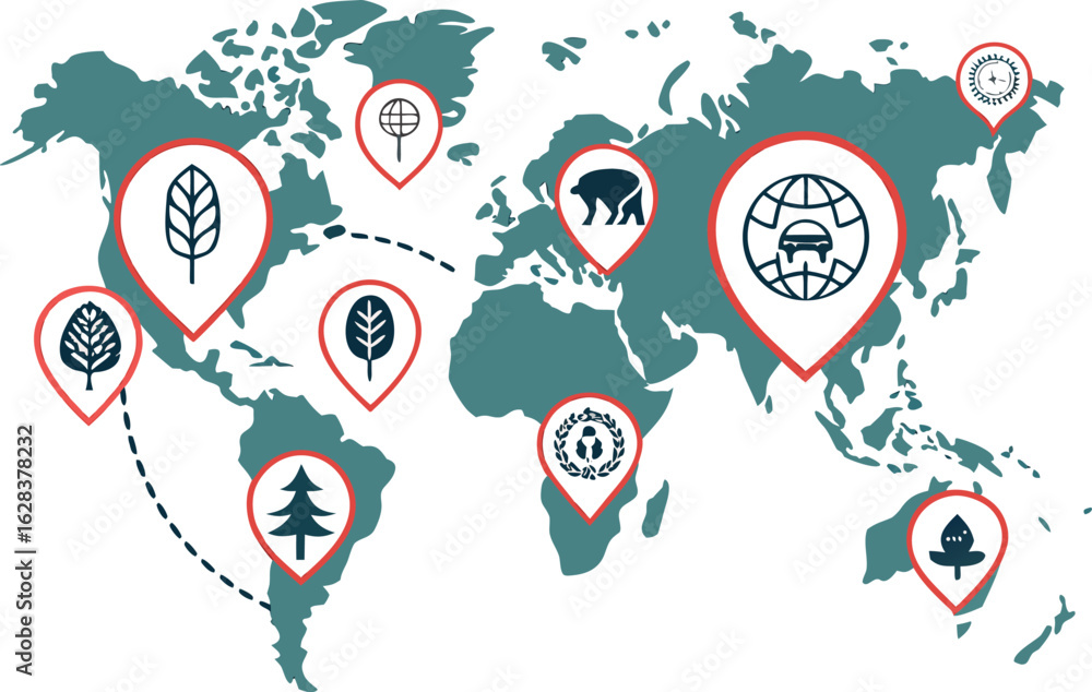 Stock-Vektorgrafik „World map with location pins featuring nature and ...