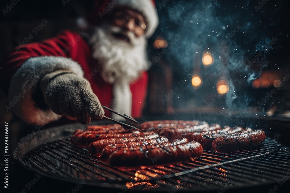 Festive BBQ: Santa Claus Cooking Sausages on the Grill for a Joyous ...