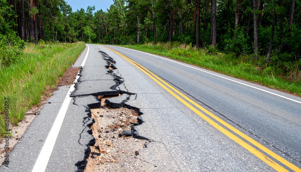 Damaged Road Pavement with Cracks and Breakage on a Highway Stock Photo ...