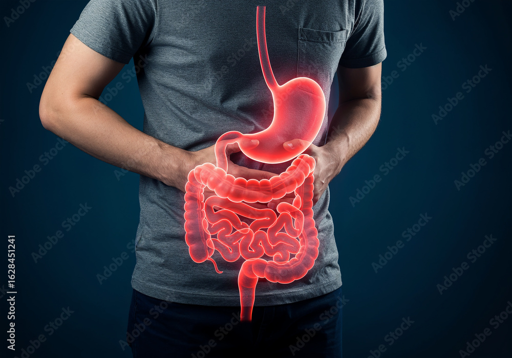 Man experiencing severe abdominal pain with an illuminated human ...
