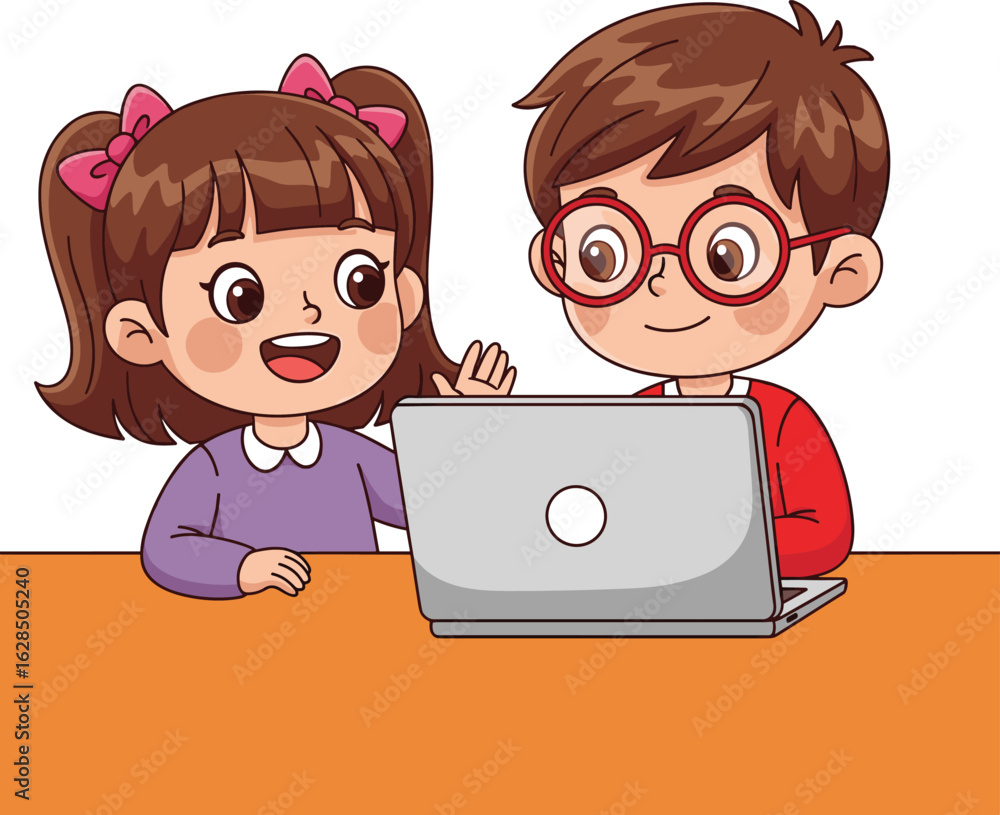 Vetor Cartoon children using laptop together, collaborative learning ...