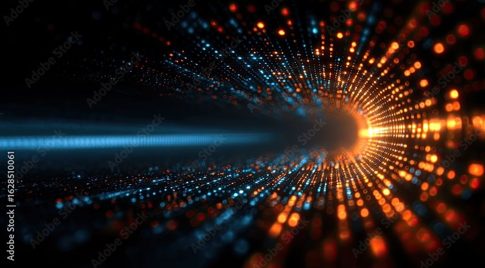 Digital tunnel effect with orange and blue glowing particles Stock ...