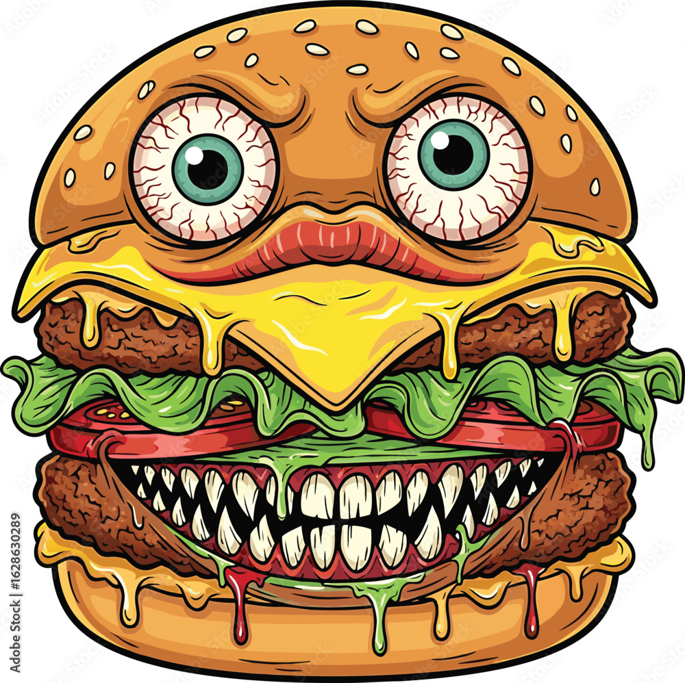 Frightening hamburger monster with bulging eyes and sharp teeth scary ...