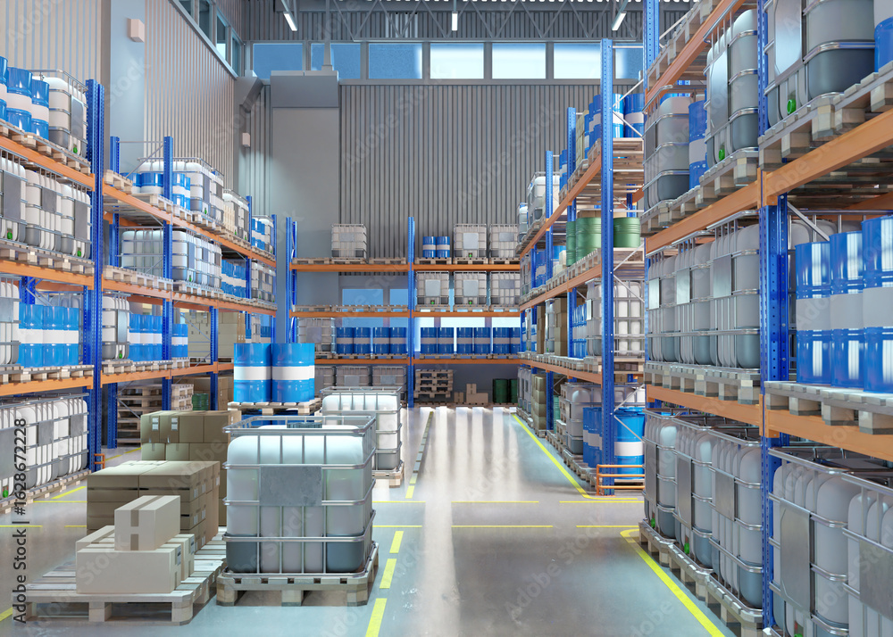 Industrial warehouse interior with blue barrels, IBC containers, and ...