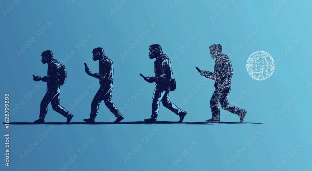 Evolution of humans through technology depicted in a cartoon with ...