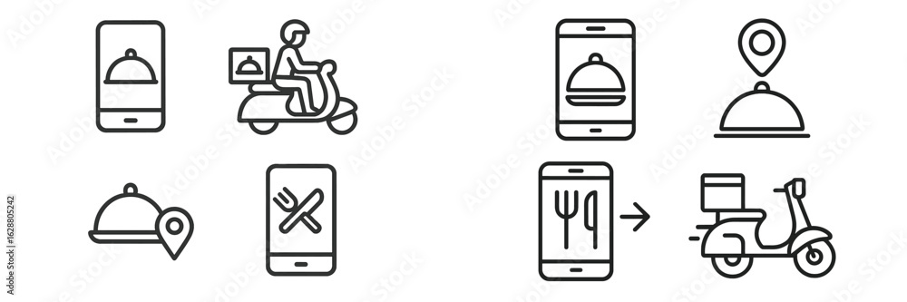 Food delivery service app icons illustrating order placement and rider ...