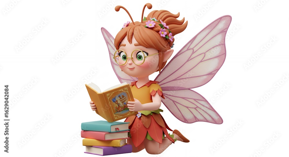 Smiling fairy character reading book Stock Photo | Adobe Stock