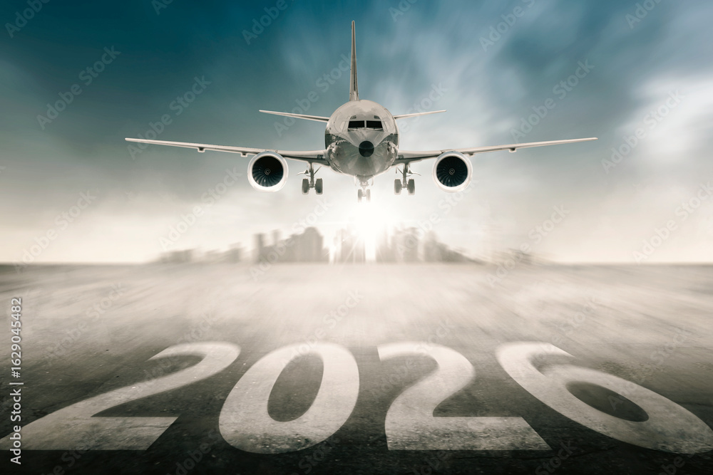 Airplane Taking Off Toward the Future with 2026 on Runway Stock Photo ...