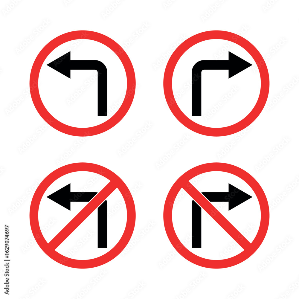 Road traffic signs, turn left, turn right, no left turn, no right turn ...