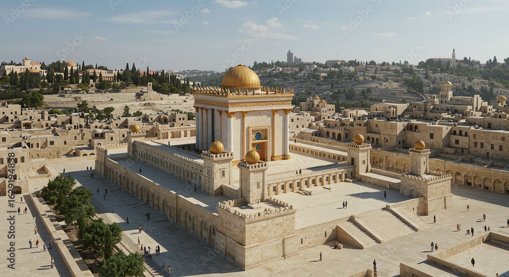 Ancient Jewish Temple Complex with Golden Dome and Stone Walls in ...