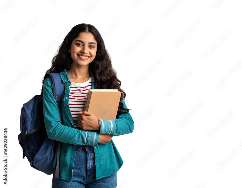 Portrait of a happy young Indian female student holding a book and ...