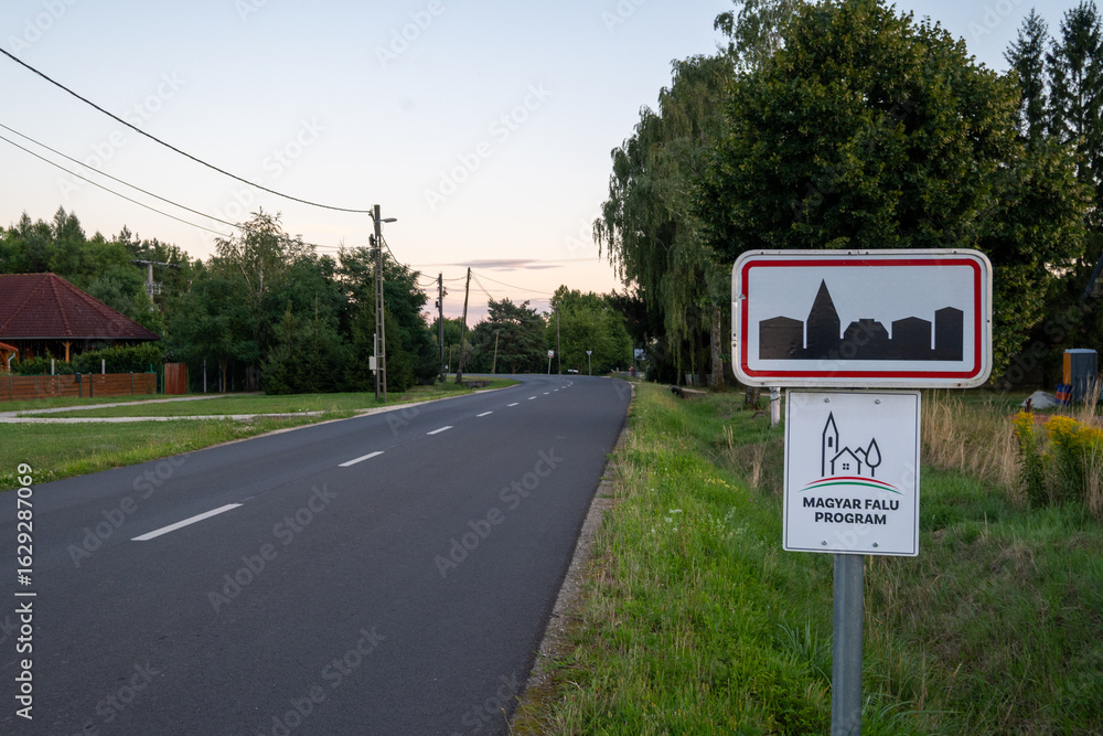 Hungarian Village Exit Road Sign and Magyar Falu Program Logo Stock ...