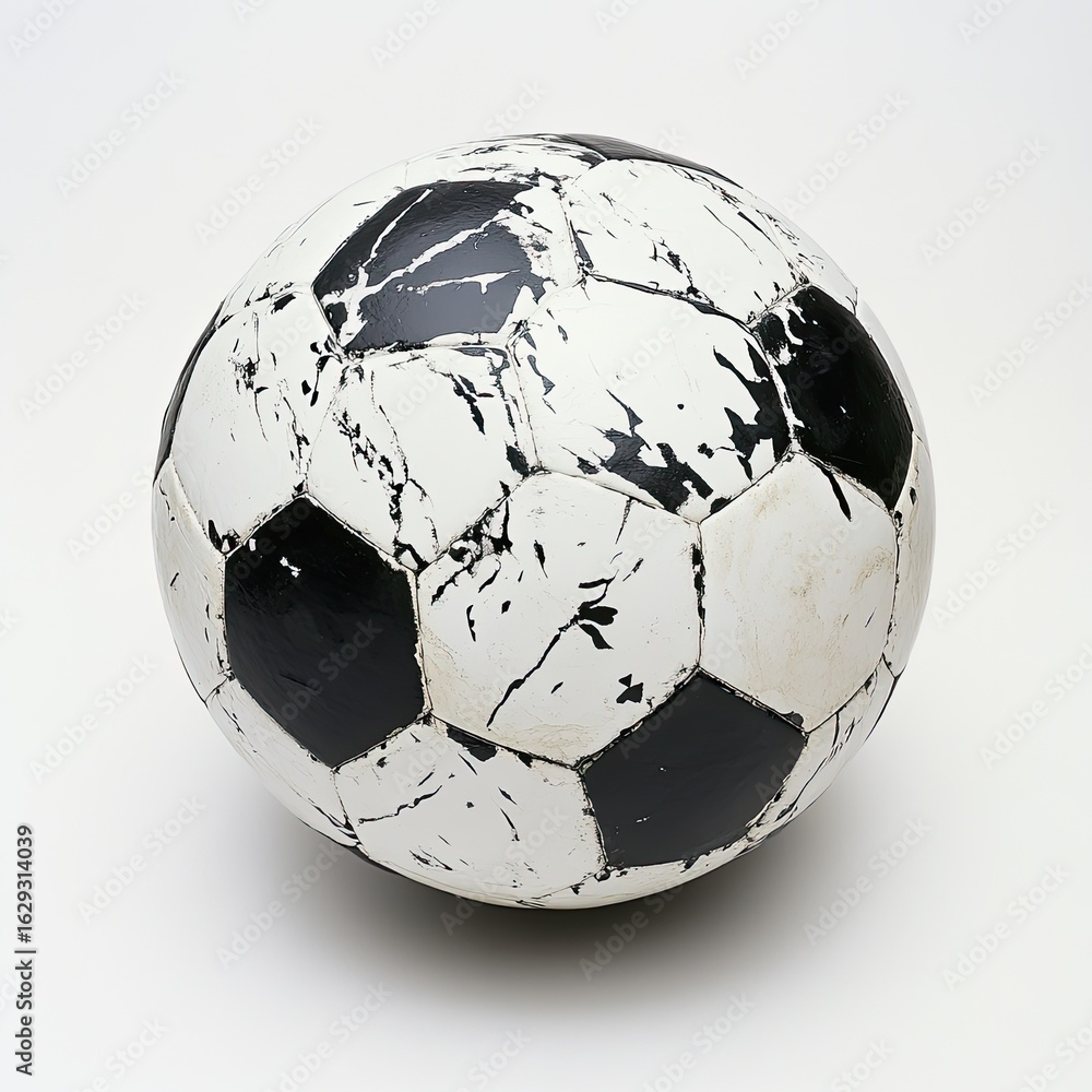 ภาพถ่าย Stock Well-worn, black and white soccer ball with scuffs ...