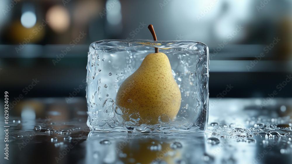 Hyper-Realistic Ice Cube with 3D Pear Inside on Dewy Surface – Cool ...