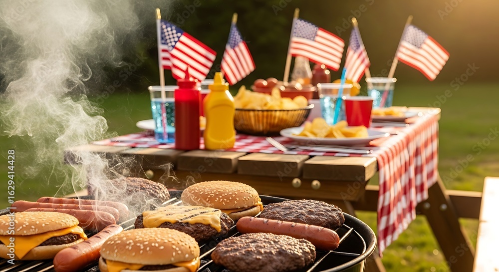 Festive 4th of July picnic featuring grilled burgers and hot dogs with ...