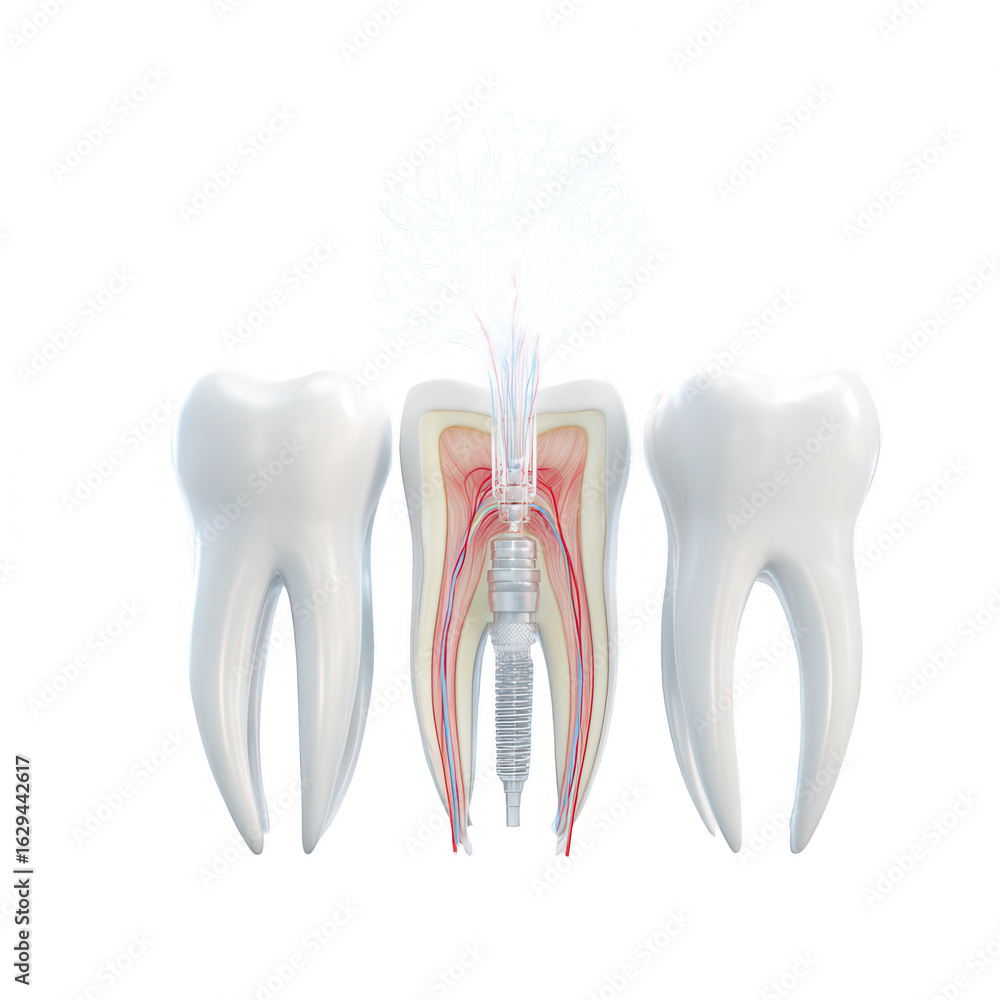 Cross-section view of a tooth showing root canal treatment, with pulp ...
