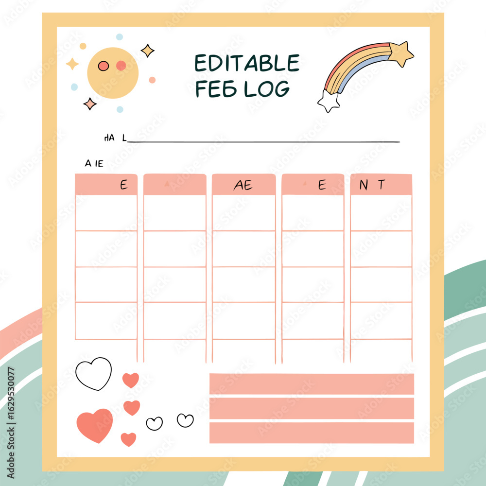 Editable february log sheet with sun rainbow hearts and pastel color ...