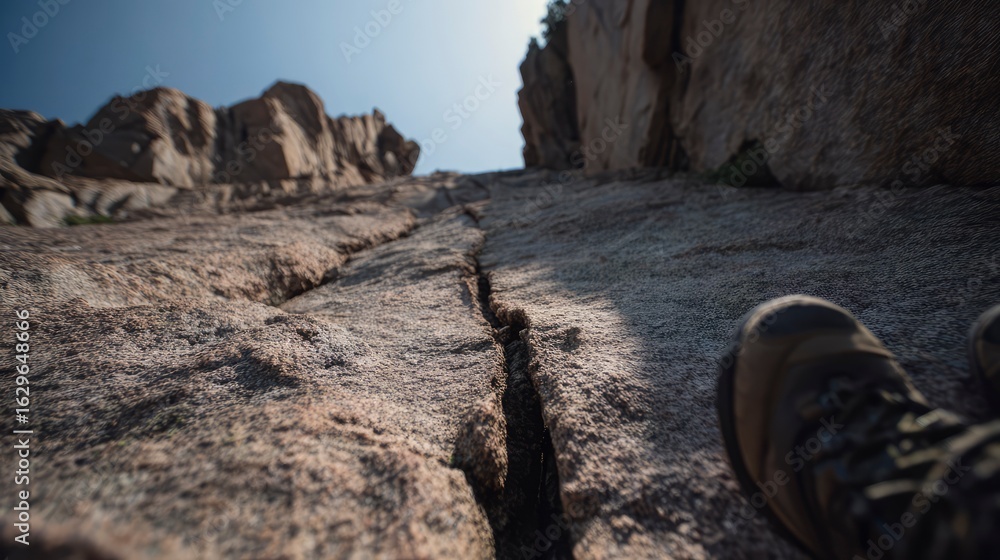 Vertical perspective from the foot of a granite mountain wall ...