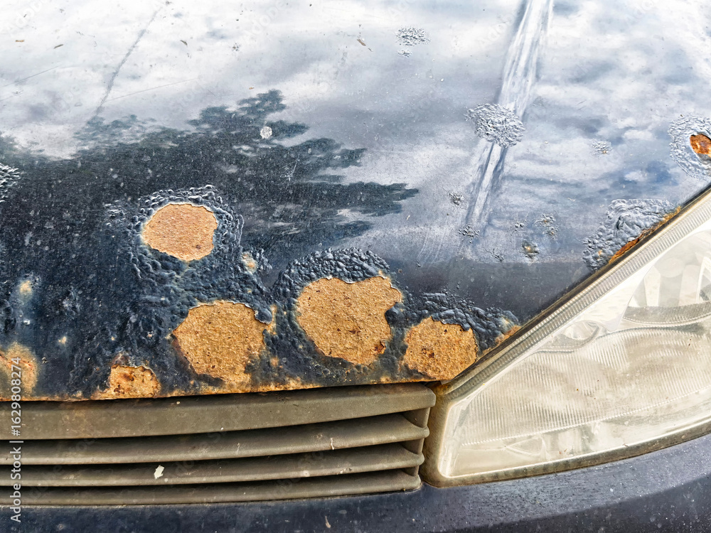 Car hood displays significant damage with rust spots and paint peeling ...