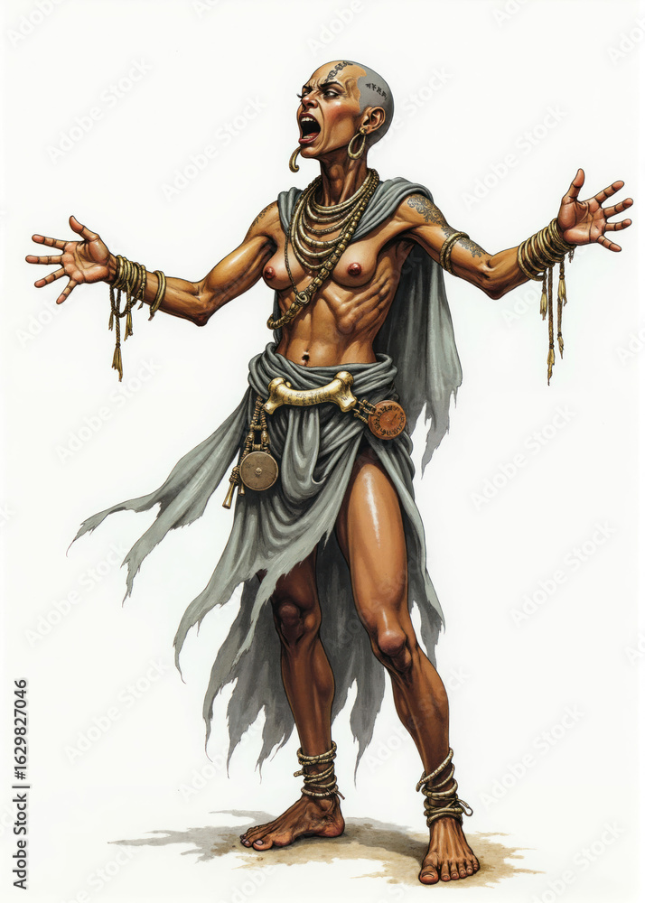Female cultist with deep brown skin and layered gray cloth robes – wiry ...